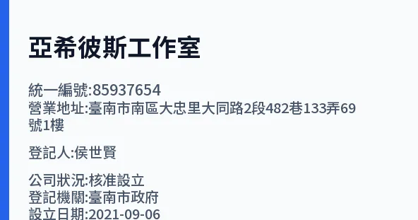 亞希彼斯工作室的照片-統編 85937654(臺南市) 公司登記資料與營業項目詳細圖表