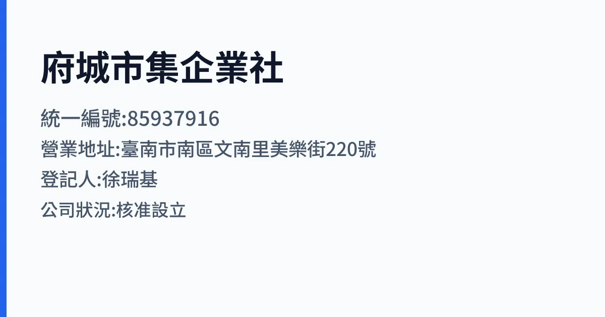 府城市集企業社 - 統編 85937916(臺南市) 公司登記資料與營業項目詳細圖表