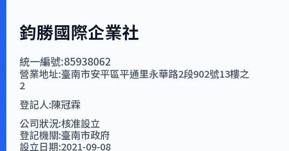鈞勝國際企業社的照片-統編 85938062(臺南市) 公司登記資料與營業項目詳細圖表