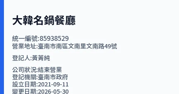 大韓名鍋餐廳的照片-統編 85938529(臺南市) 公司登記資料與營業項目詳細圖表