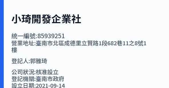 小琦開發企業社的照片-統編 85939251(臺南市) 公司登記資料與營業項目詳細圖表