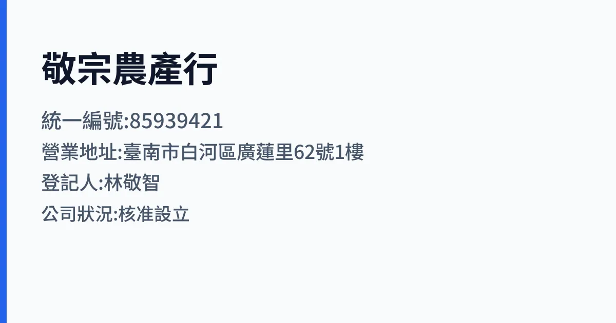 敬宗農產行 - 統編 85939421(臺南市) 公司登記資料與營業項目詳細圖表