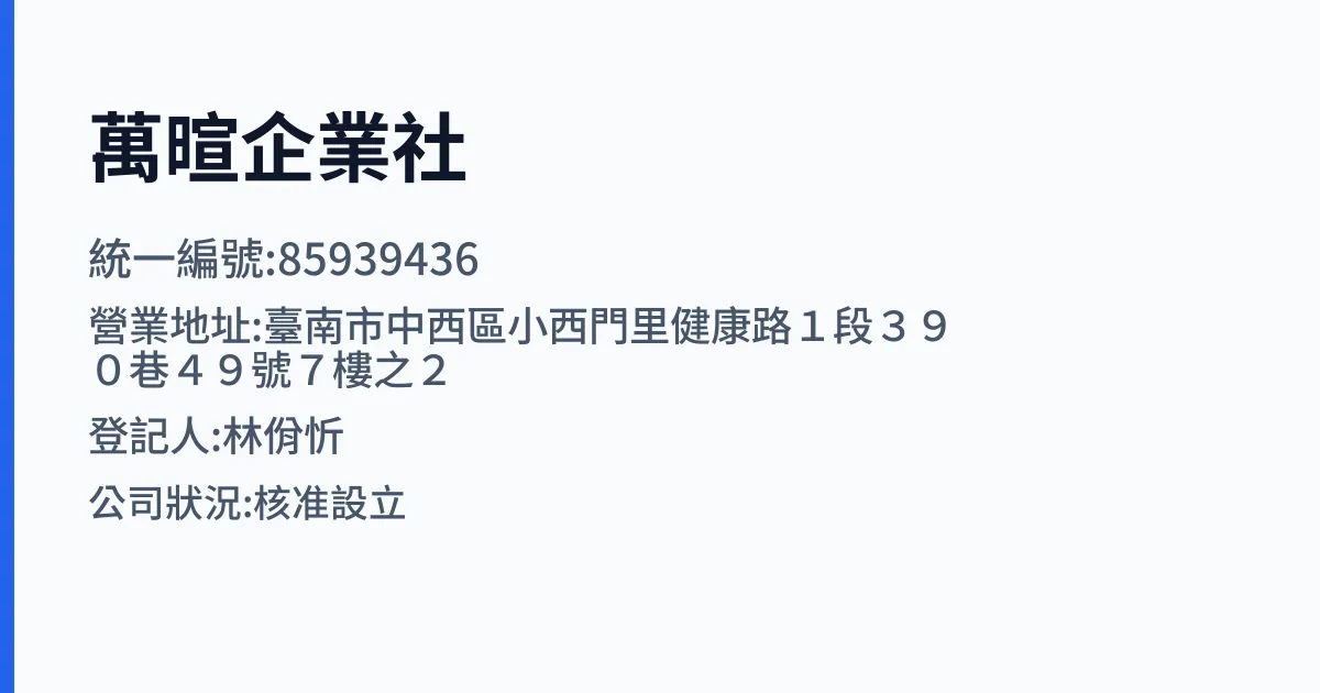 萬暄企業社 - 統編 85939436(臺南市) 公司登記資料與營業項目詳細圖表