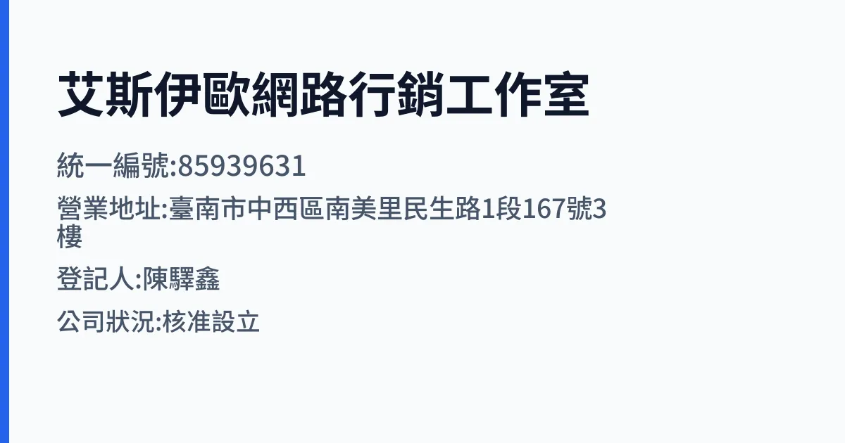 艾斯伊歐網路行銷工作室 - 統編 85939631(臺南市) 公司登記資料與營業項目詳細圖表