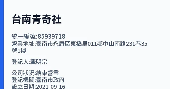 台南青奇社的照片-統編 85939718(臺南市) 公司登記資料與營業項目詳細圖表