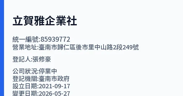 立賀雅企業社的照片-統編 85939772(臺南市) 公司登記資料與營業項目詳細圖表