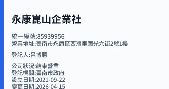 永康崑山企業社的照片-統編 85939956(臺南市) 公司登記資料與營業項目詳細圖表