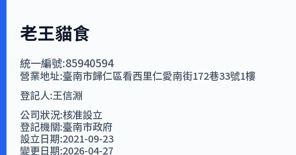 老王貓食的照片-統編 85940594(臺南市) 公司登記資料與營業項目詳細圖表