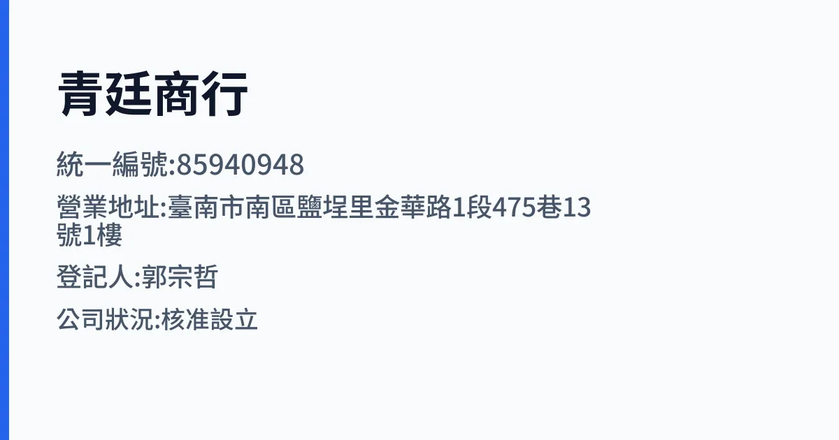 青廷商行 - 統編 85940948(臺南市) 公司登記資料與營業項目詳細圖表