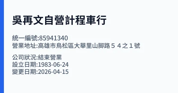 吳再文自營計程車行的照片-統編 85941340(高雄市) 公司登記資料與營業項目詳細圖表