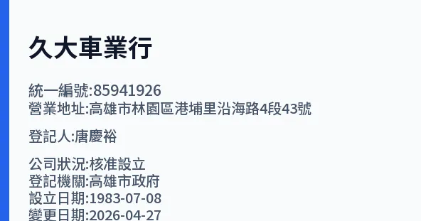 久大車業行的照片-統編 85941926(高雄市) 公司登記資料與營業項目詳細圖表
