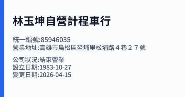 林玉坤自營計程車行的照片-統編 85946035(高雄市) 公司登記資料與營業項目詳細圖表