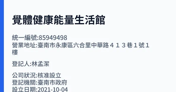 覺體健康能量生活館的照片-統編 85949498(臺南市) 公司登記資料與營業項目詳細圖表