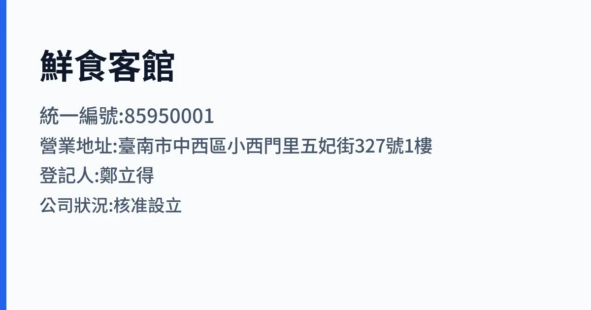 鮮食客館 - 統編 85950001(臺南市) 公司登記資料與營業項目詳細圖表