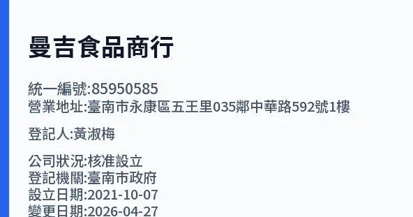 曼吉食品商行的照片-統編 85950585(臺南市) 公司登記資料與營業項目詳細圖表
