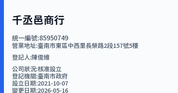 千丞邑商行的照片-統編 85950749(臺南市) 公司登記資料與營業項目詳細圖表