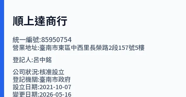 順上達商行的照片-統編 85950754(臺南市) 公司登記資料與營業項目詳細圖表