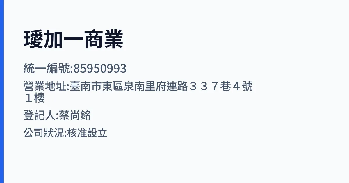 璦加一商業 - 統編 85950993(臺南市) 公司登記資料與營業項目詳細圖表
