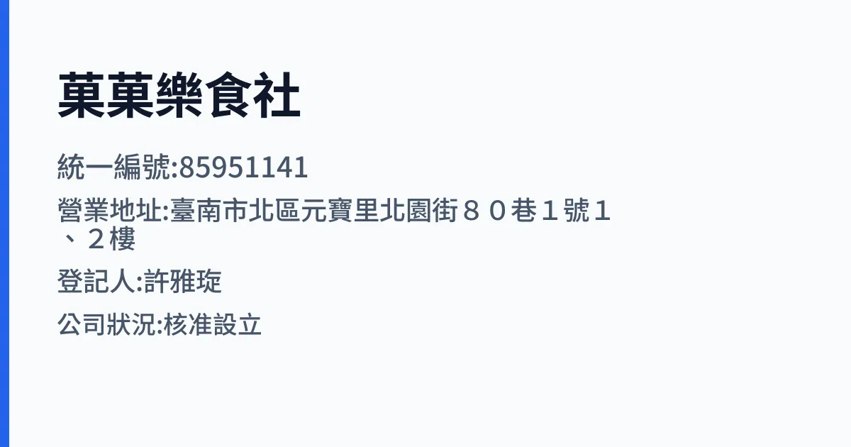 菓菓樂食社 - 統編 85951141(臺南市) 公司登記資料與營業項目詳細圖表