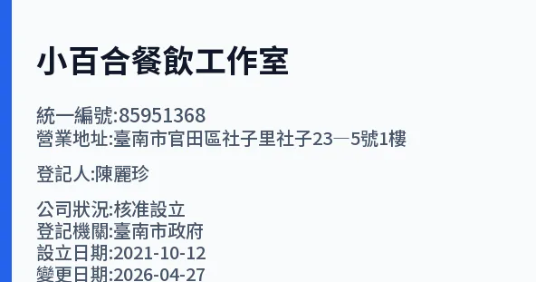 小百合餐飲工作室的照片-統編 85951368(臺南市) 公司登記資料與營業項目詳細圖表