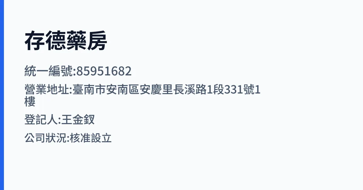 存德藥房 - 統編 85951682(臺南市) 公司登記資料與營業項目詳細圖表
