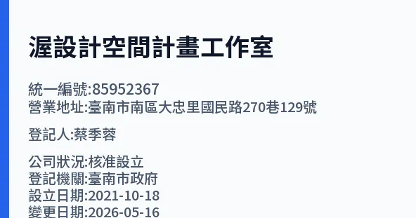 渥設計空間計畫工作室的照片-統編 85952367(臺南市) 公司登記資料與營業項目詳細圖表