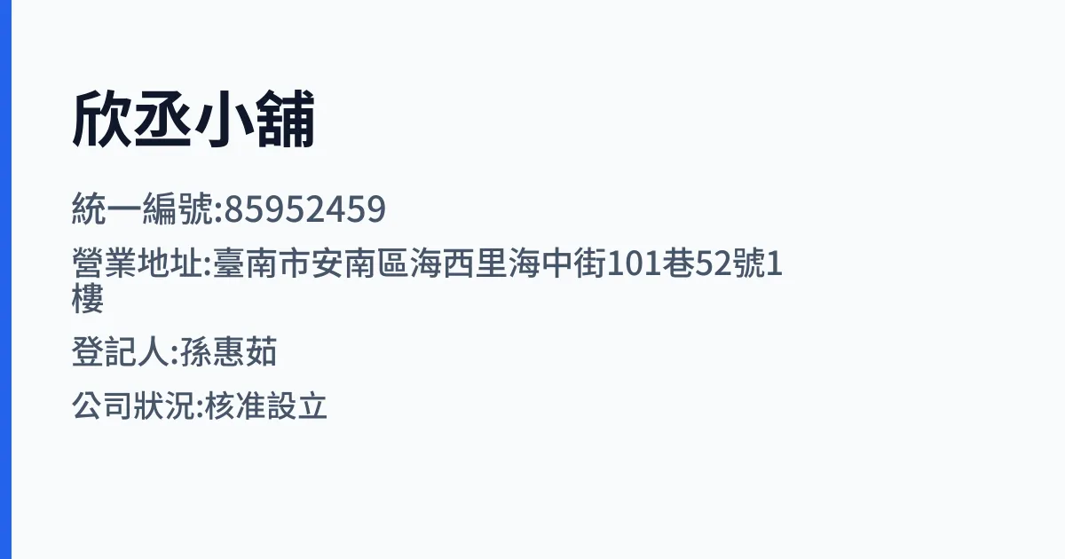 欣丞小舖 - 統編 85952459(臺南市) 公司登記資料與營業項目詳細圖表