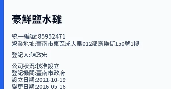 豪鮮鹽水雞的照片-統編 85952471(臺南市) 公司登記資料與營業項目詳細圖表