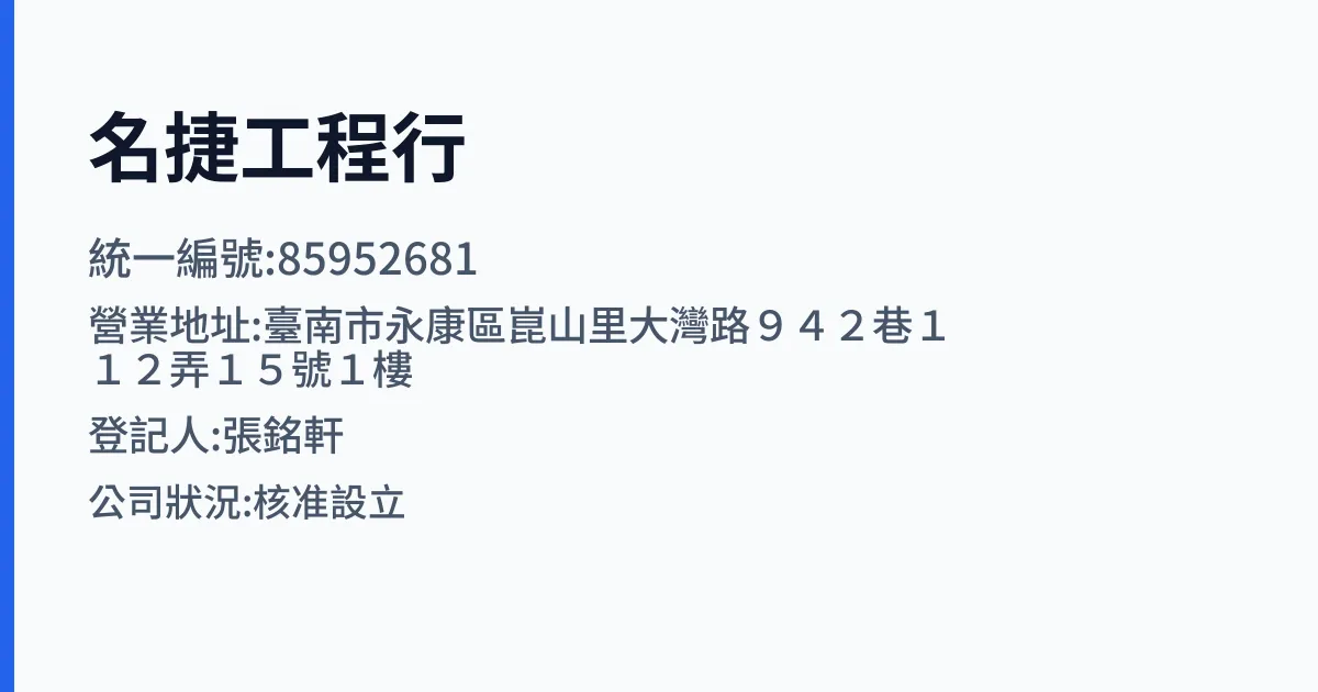 名捷工程行 - 統編 85952681(臺南市) 公司登記資料與營業項目詳細圖表