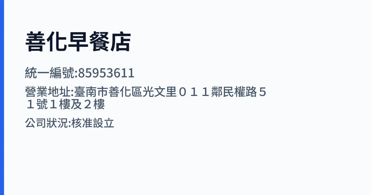 善化早餐店 - 統編 85953611(臺南市) 公司登記資料與營業項目詳細圖表
