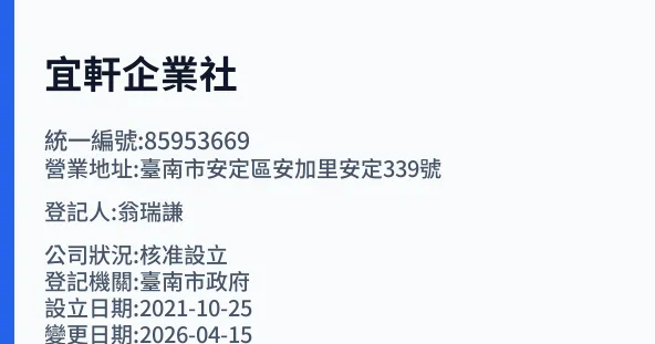 宜軒企業社的照片-統編 85953669(臺南市) 公司登記資料與營業項目詳細圖表