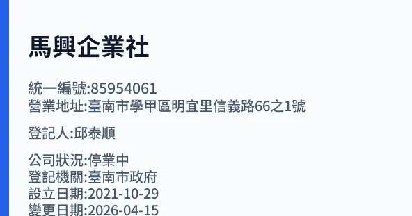 馬興企業社的照片-統編 85954061(臺南市) 公司登記資料與營業項目詳細圖表
