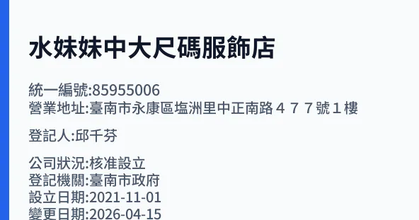 水妹妹中大尺碼服飾店的照片-統編 85955006(臺南市) 公司登記資料與營業項目詳細圖表
