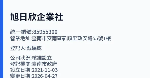 旭日欣企業社的照片-統編 85955300(臺南市) 公司登記資料與營業項目詳細圖表