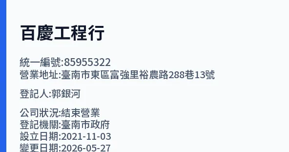 百慶工程行的照片-統編 85955322(臺南市) 公司登記資料與營業項目詳細圖表