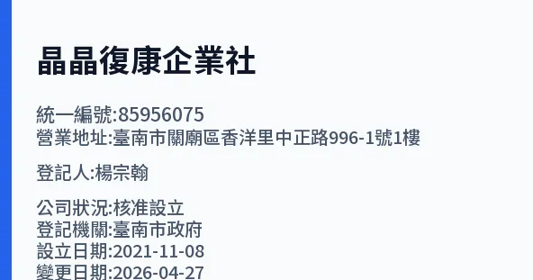 晶晶復康企業社的照片-統編 85956075(臺南市) 公司登記資料與營業項目詳細圖表