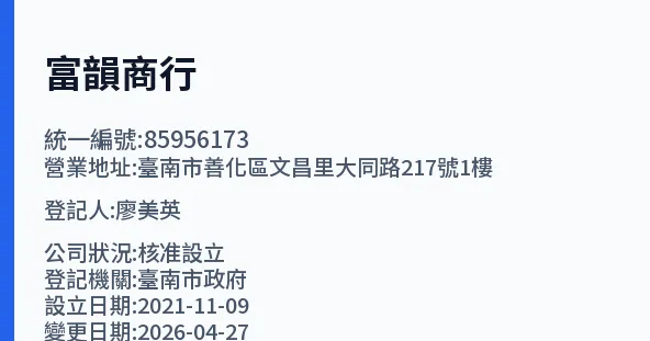 富韻商行的照片-統編 85956173(臺南市) 公司登記資料與營業項目詳細圖表