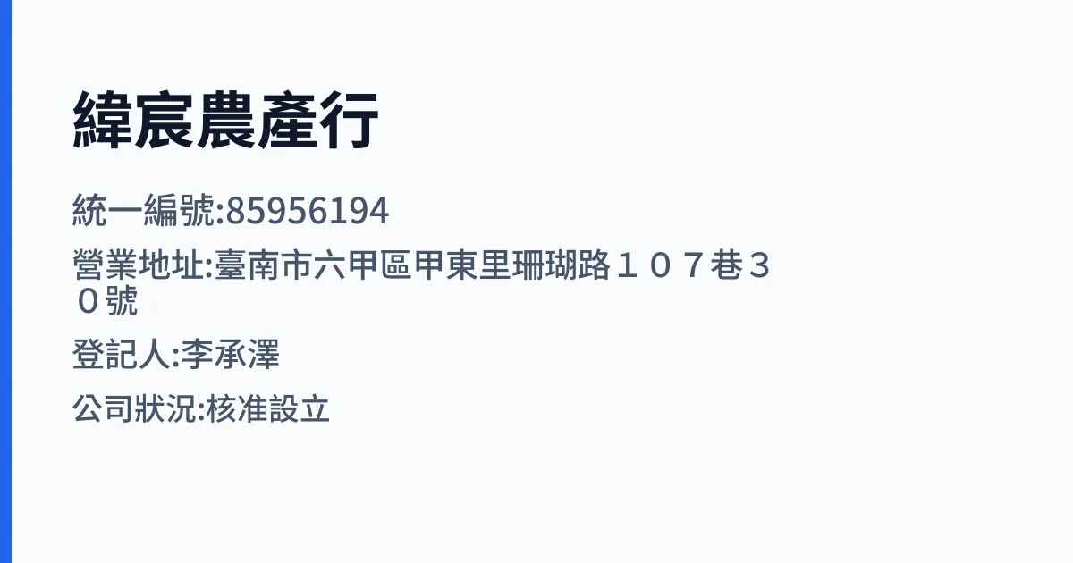 緯宸農產行 - 統編 85956194(臺南市) 公司登記資料與營業項目詳細圖表