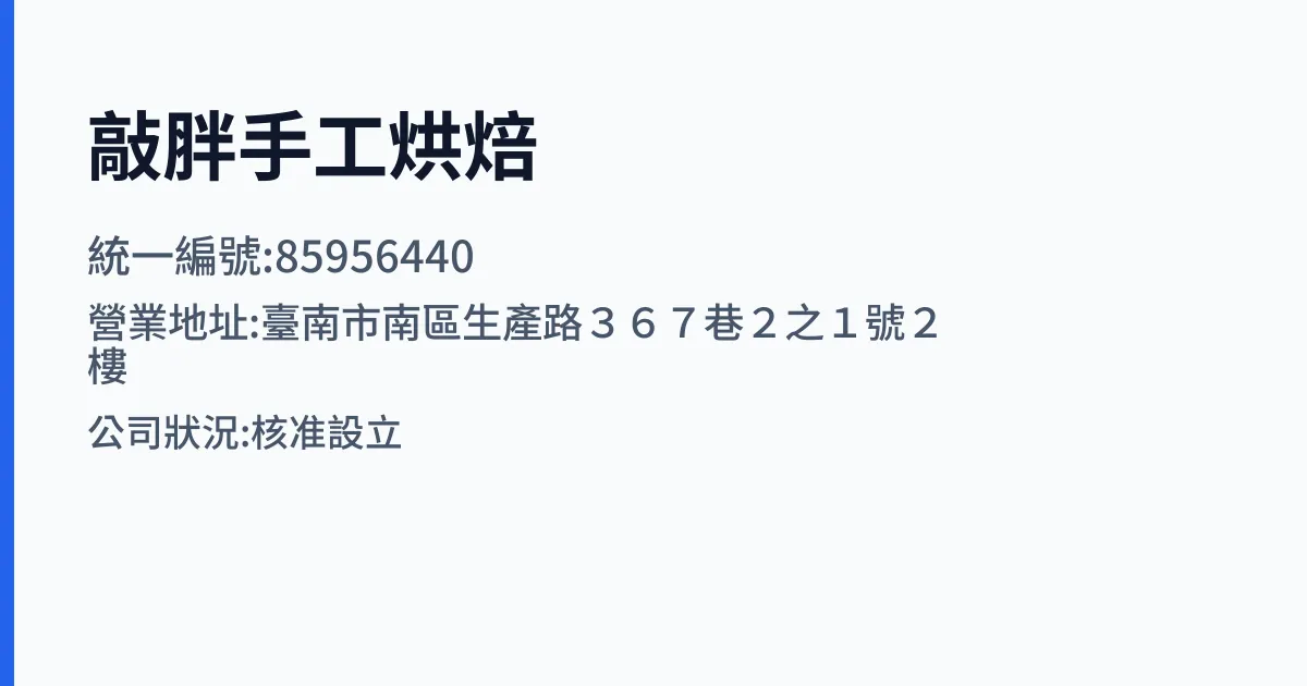 敲胖手工烘焙 - 統編 85956440(臺南市) 公司登記資料與營業項目詳細圖表