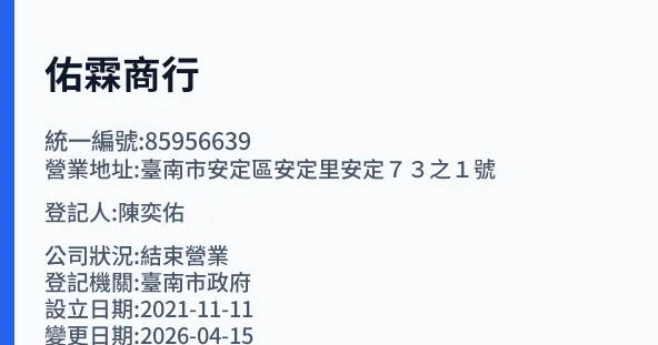 佑霖商行的照片-統編 85956639(臺南市) 公司登記資料與營業項目詳細圖表