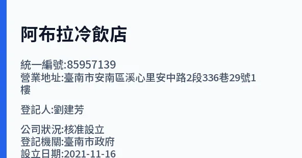 阿布拉冷飲店的照片-統編 85957139(臺南市) 公司登記資料與營業項目詳細圖表