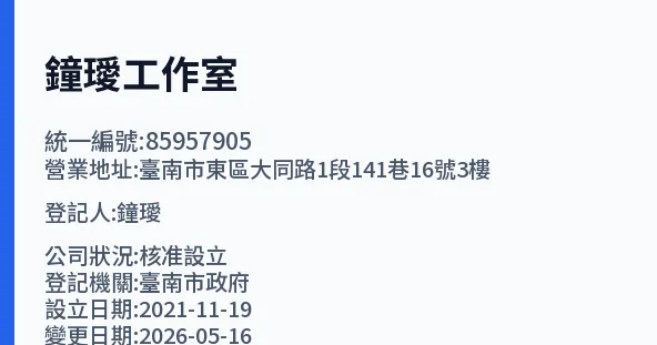 鐘璦工作室的照片-統編 85957905(臺南市) 公司登記資料與營業項目詳細圖表