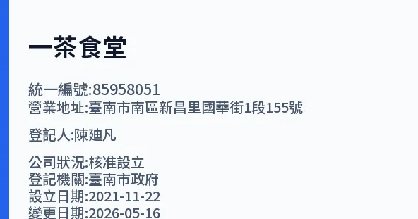 一茶食堂的照片-統編 85958051(臺南市) 公司登記資料與營業項目詳細圖表