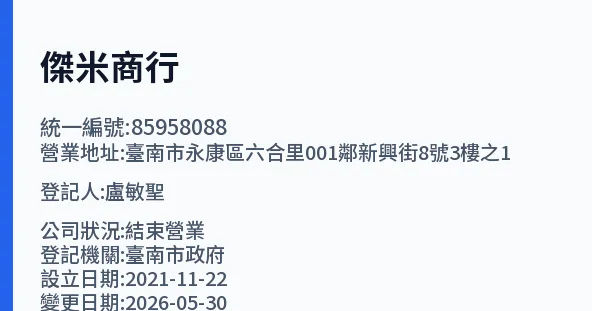 傑米商行的照片-統編 85958088(臺南市) 公司登記資料與營業項目詳細圖表