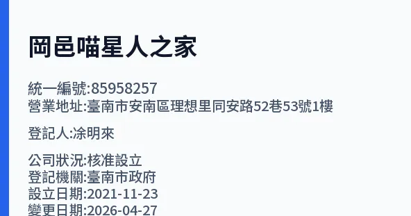 岡邑喵星人之家的照片-統編 85958257(臺南市) 公司登記資料與營業項目詳細圖表