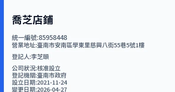 喬芝店鋪的照片-統編 85958448(臺南市) 公司登記資料與營業項目詳細圖表