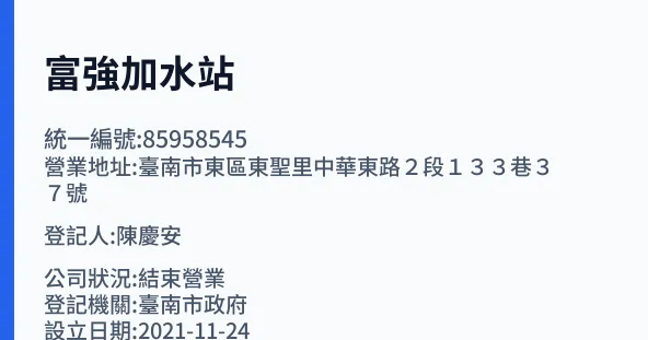 富強加水站的照片-統編 85958545(臺南市) 公司登記資料與營業項目詳細圖表