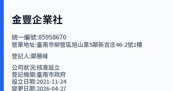 金豐企業社的照片-統編 85958670(臺南市) 公司登記資料與營業項目詳細圖表