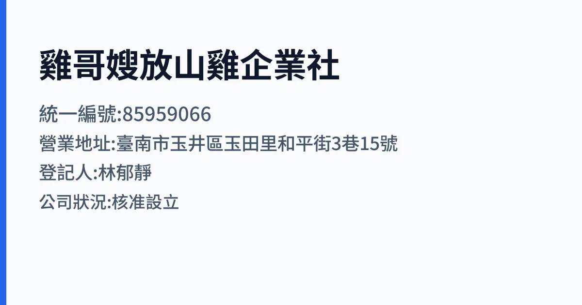 雞哥嫂放山雞企業社 - 統編 85959066(臺南市) 公司登記資料與營業項目詳細圖表