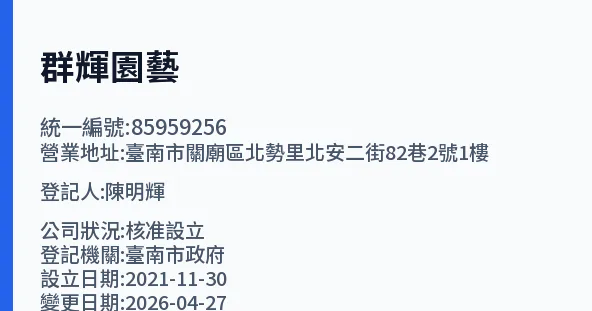 群輝園藝的照片-統編 85959256(臺南市) 公司登記資料與營業項目詳細圖表